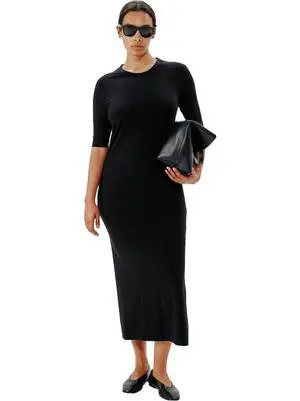 Another Tomorrow Elbow Sleeve Midi Dress - Black