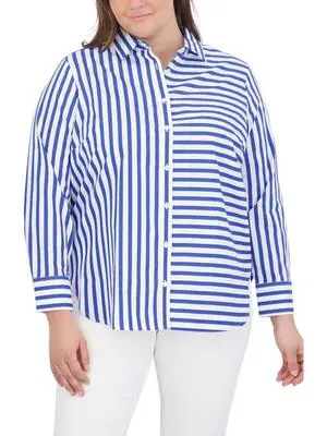 Foxcroft Mixed Stripe Cotton Sateen Shirt - Blue/ White