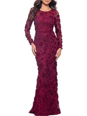 XSCAPE EVENINGS Embroidered Floral Gown - Garnet