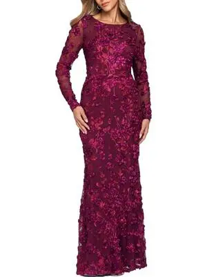 XSCAPE EVENINGS Embroidered Floral Gown - Wine