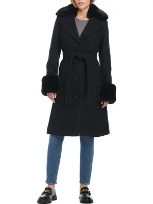 Kate Spade New York Club Belted Wool-blend Coat With Faux Fur Trim - Black