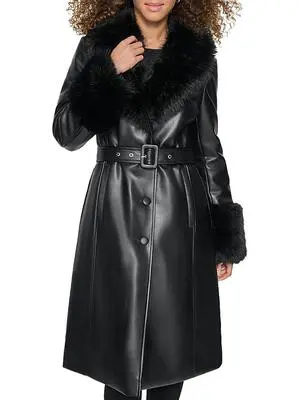 Karl Lagerfeld Paris Faux Leather Trench Coat - Black