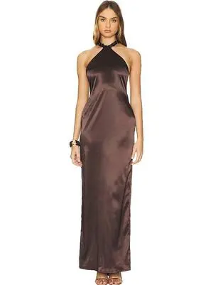 KHANUMS Satin Halter Maxi Dress - Brown