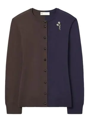 Tory Burch Color-block Wool Cardigan With Brooch - Dark Brown/deep Blue