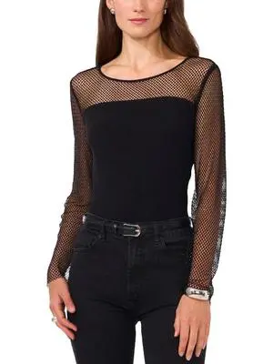 Vince Camuto Rhinestone Fishnet Long Sleeve Top - Rich Black