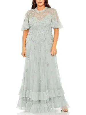 Mac Duggal Plus Ruffled Floral Embellished Flutter Sleeve A-line Gown - Sage