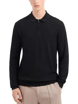 Emporio Armani Wool Diamond Jacquard Quarter Zip Polo Sweater - Solid Black