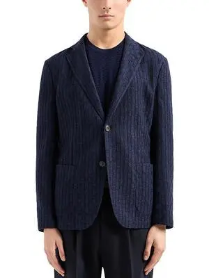 Emporio Armani Modern Fit Geometric Patterned Bonded Knit Wool Blazer - Solid Blue