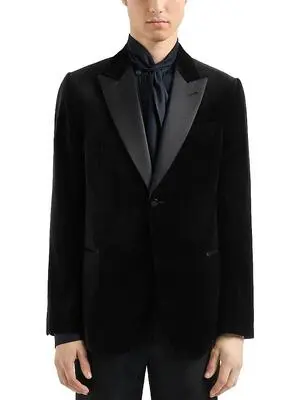 Emporio Armani Regular Fit Embossed Print And Satin Lapel Blazer - Solid Black