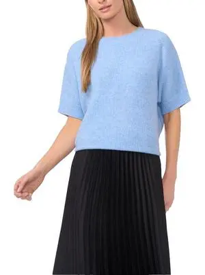 Halogen Short Sleeve Ribbed Crewneck Sweater - Blue Heater