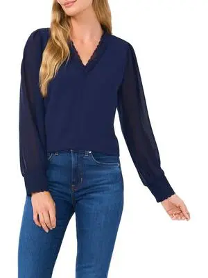 CECE DUPRAZ Scallop Detail Georgette Top - Classic Navy