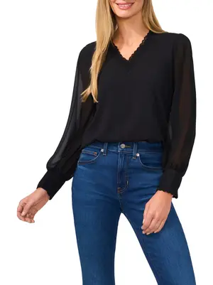 CECE DUPRAZ CeCe Scallop Detail Georgette Top Rich Black
