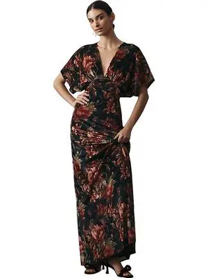 Bhldn BHLDN Amelia Deep-V Stretch Velvet Maxi Dress Black Pattern