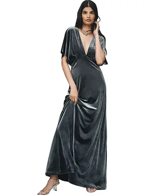 Bhldn Amelia Deep-V Stretch Velvet Maxi Dress Blue
