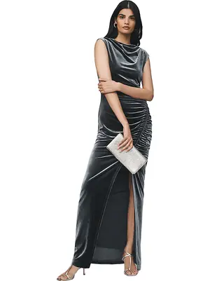 Bhldn Francesca High-Neck Stretch Velvet Maxi Dress Blue