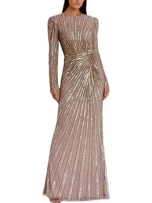 Mac Duggal Embellished Puff Sleeve Side Knot Gown - Mocha