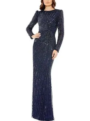 Mac Duggal Embellished Puff Sleeve Gown - Navy