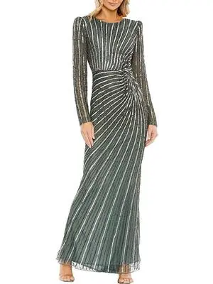 Mac Duggal Embellished Puff Sleeve Gown - Slate Grey