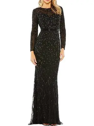 Mac Duggal Beaded Long Sleeve Evening Gown Black