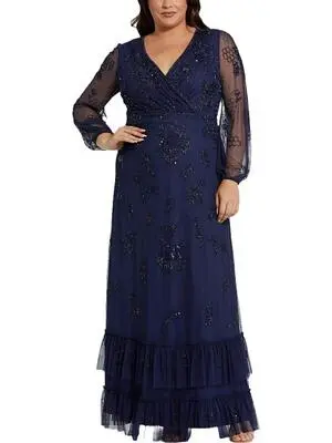 Mac Duggal Plus Puff Sleeve V-neck Tiered Embellished Gown - Midnight