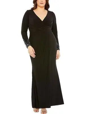 Mac Duggal Long Sleeve Crystal Detail V-neck Gown - Black