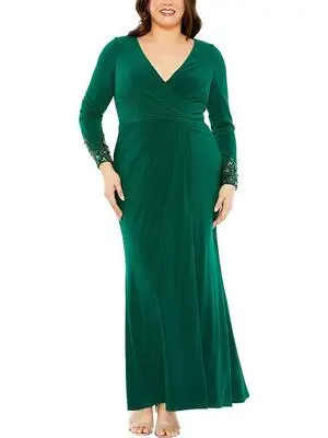 Mac Duggal Long Sleeve Crystal Detail V-neck Gown - Emerald