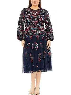 Mac Duggal Plus Long Sleeve Beaded Cocktail Dress - Midnight