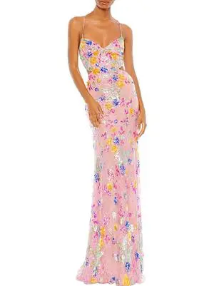 Mac Duggal Embellished Lace Column Gown - Pink Multi