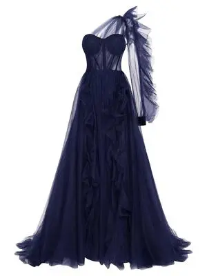 MILLA Tulle Gown With Detachable Sleeve - Navy