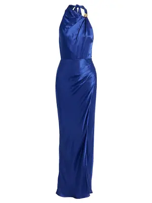 NICHOLAS Nicholas Draped Satin Halterneck Maxi Dress Navy