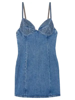 AREA Crystal-embellished Polka Dot Denim Mini Dress - Mid Denim