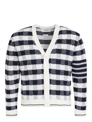 Thom Browne Checked Jacquard-knit Cotton-blend Cardigan - Navy