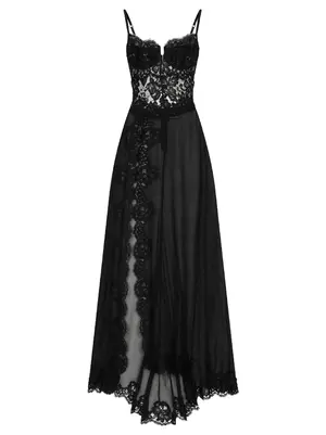 Dolce & Gabbana Long Silk Chiffon And Chantilly Lace Slip Dress - Black