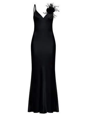 ROOM76 Rose-appliqué Satin Maxi Dress - Black