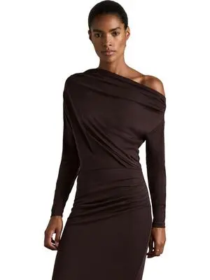 REISS Fleur Off-the-shoulder Ruched Jersey Midi Dress - Brown