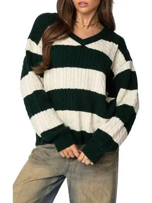 EDIKTED Stripe Oversized Cable Knit Sweater - Green