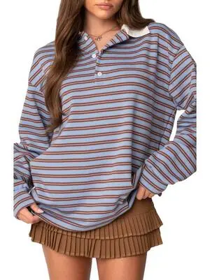 EDIKTED Stripe Long Sleeve Oversize Polo - Blue