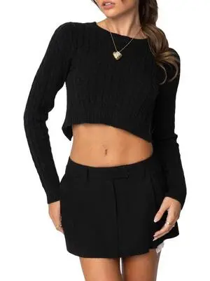 EDIKTED Bow Accent Cable Stitch Crop Sweater - Black