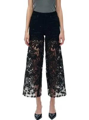 BAYEAS High-waist Crystal-embellished Lace Wide-leg Jeans - Black