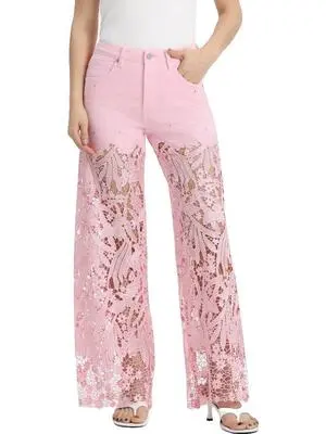 BAYEAS High-waist Crystal-embellished Lace Wide-leg Jeans - Pink