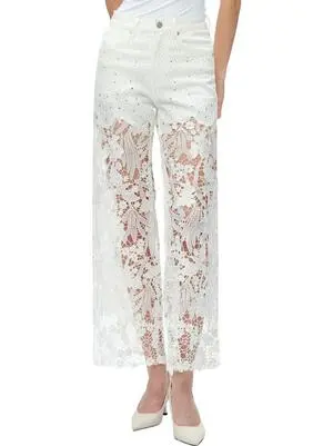 BAYEAS High-waist Crystal-embellished Lace Wide-leg Jeans - White