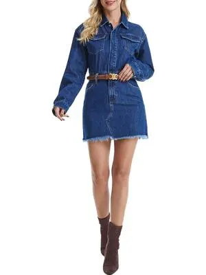 BAYEAS Resa Long-sleeve Fray Hem Denim Mini Shirtdress - Dark Blue
