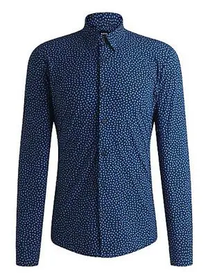 BOSS Geometric-pattern Slim-fit Stretch-jersey Shirt - Navy