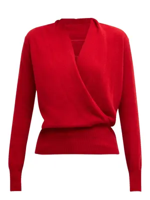 Neiman Marcus Neiman Marcus Cashmere Collection Faux Wrap Sweater Red