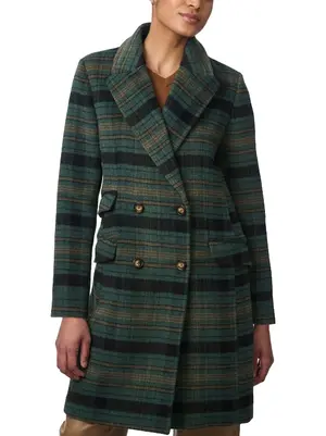 Bernardo Plaid Double Breasted Coat - Green Plain