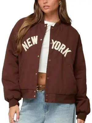 EDIKTED Big Apple Oversized Bomber Jacket - Brown