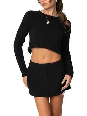 EDIKTED Bow Back Cropped Cable Knit Sweater - Black