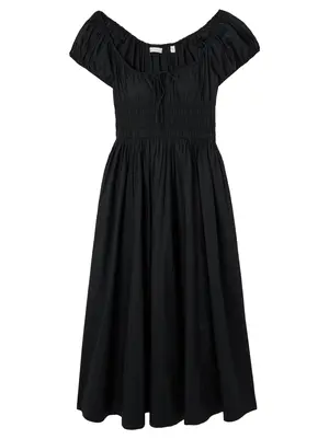 DÔEN Quinn Tie-detailed Shirred Organic Cotton-poplin Midi Dress - Black