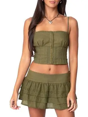 EDIKTED Fluer Embroidered Linen & Cotton Crop Top - Olive