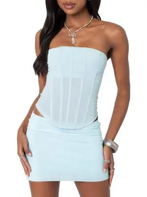 EDIKTED Vega Strapless Mesh Corset Top - Light Blue